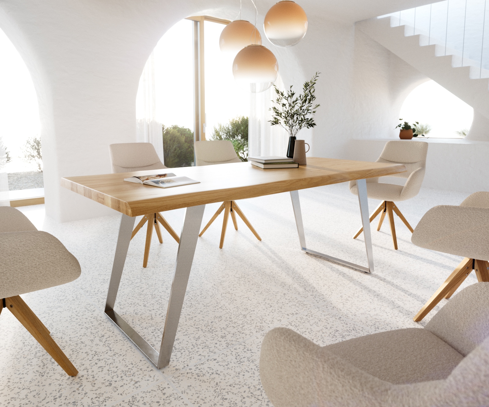 Table à manger Edge 200x100 chêne nature acier inoxydable inclinée Live ...